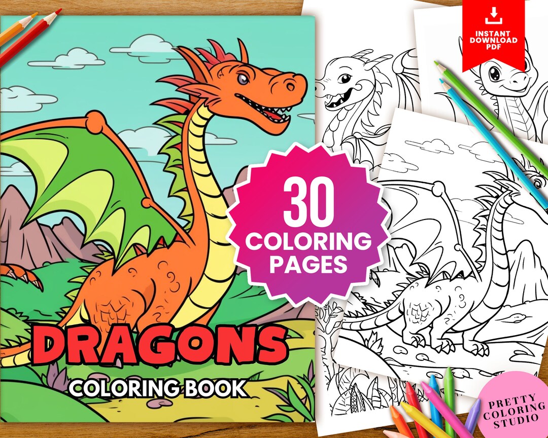 Dragon Coloring Book - Fantasy DIY Digital Download With Flowers ...