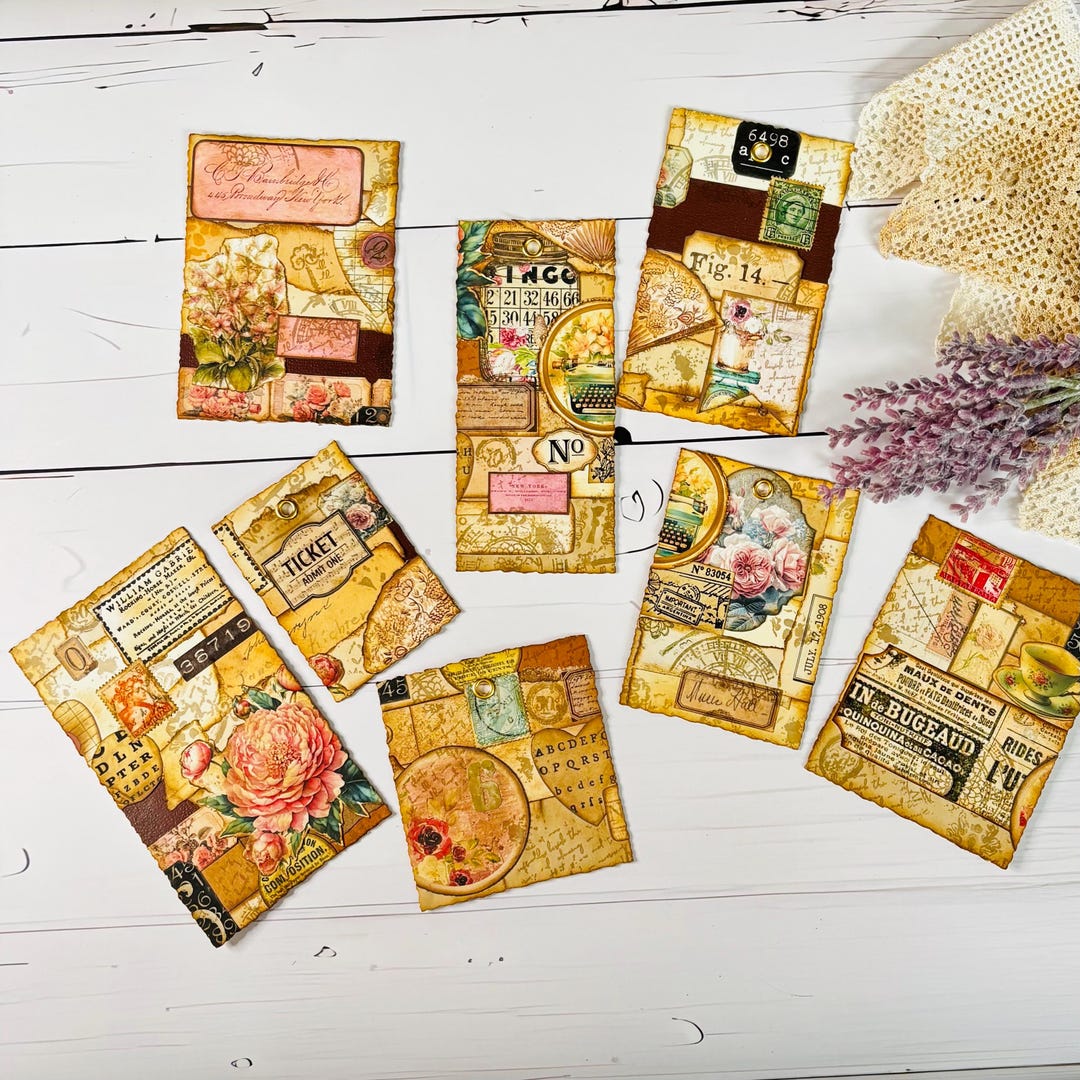Vintage Collage Journal Cards and Tags With Eyelets - Tea Dyed, Set of ...