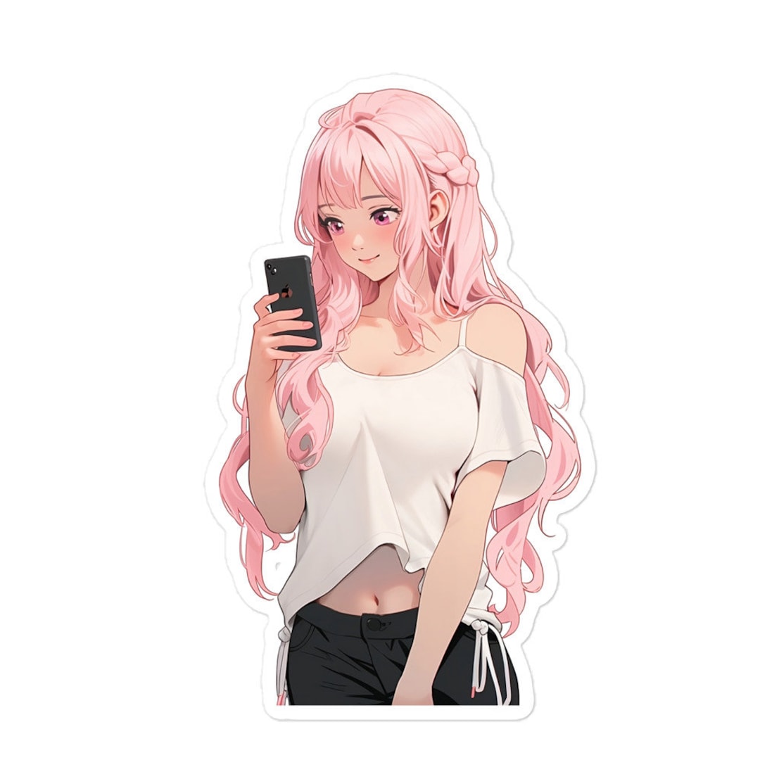 Hit Me up Kawaii Anime Texting Girl Sticker Cute Phone Case Sticker ...