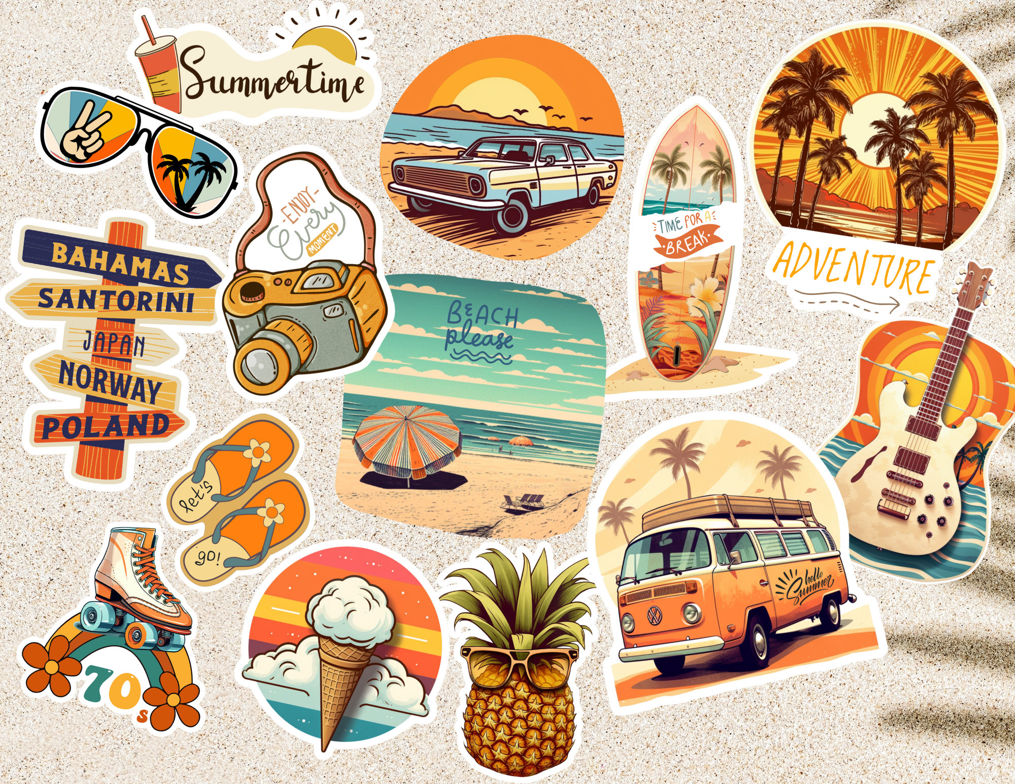 Retro 70s Summer Beach Stickers Pack. Nostalgic Summer Vibes: Let's ...