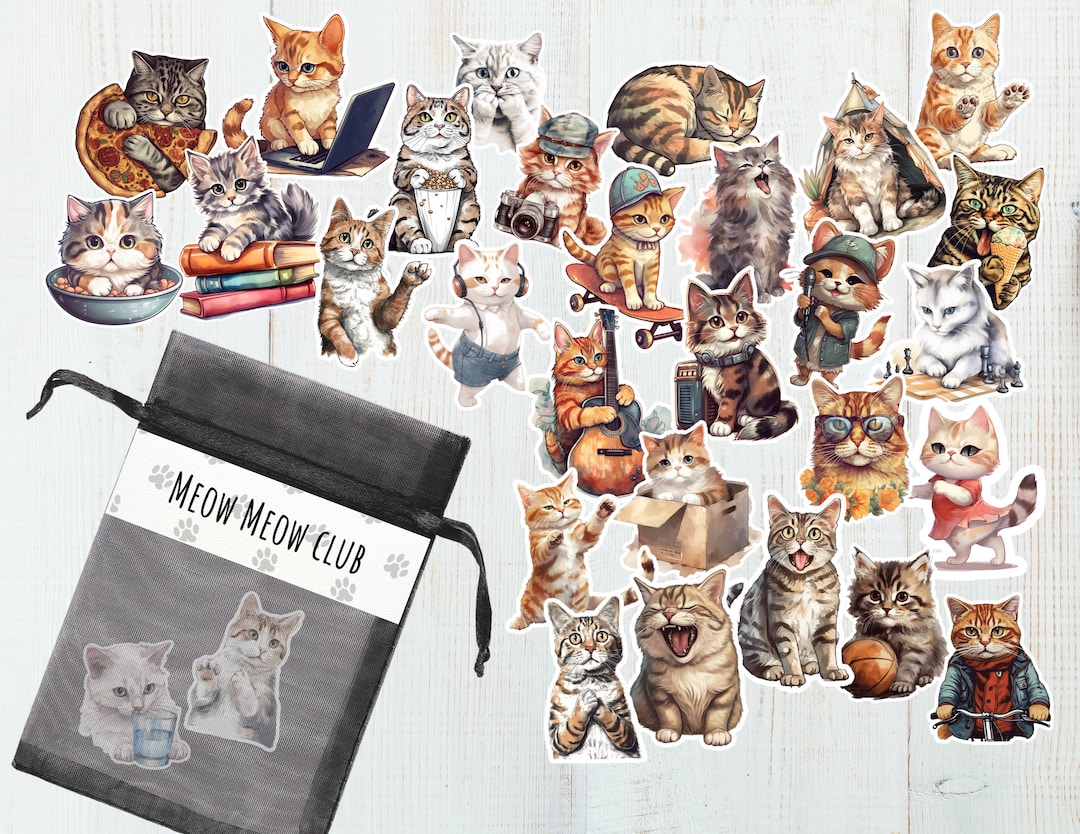 Funny Cute Cat Meme Stickers Pack. Meow Meow Club Cat Stickers Pouch ...