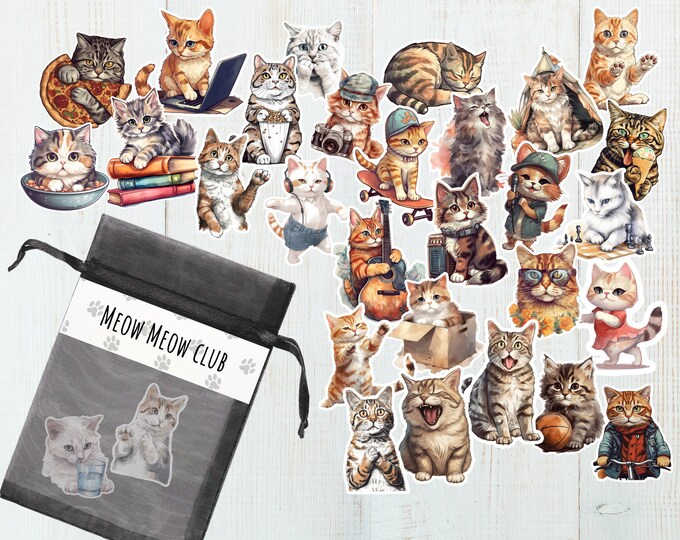 Funny Cute Cat Meme Stickers Pack. Meow Meow Club Cat Stickers Pouch ...