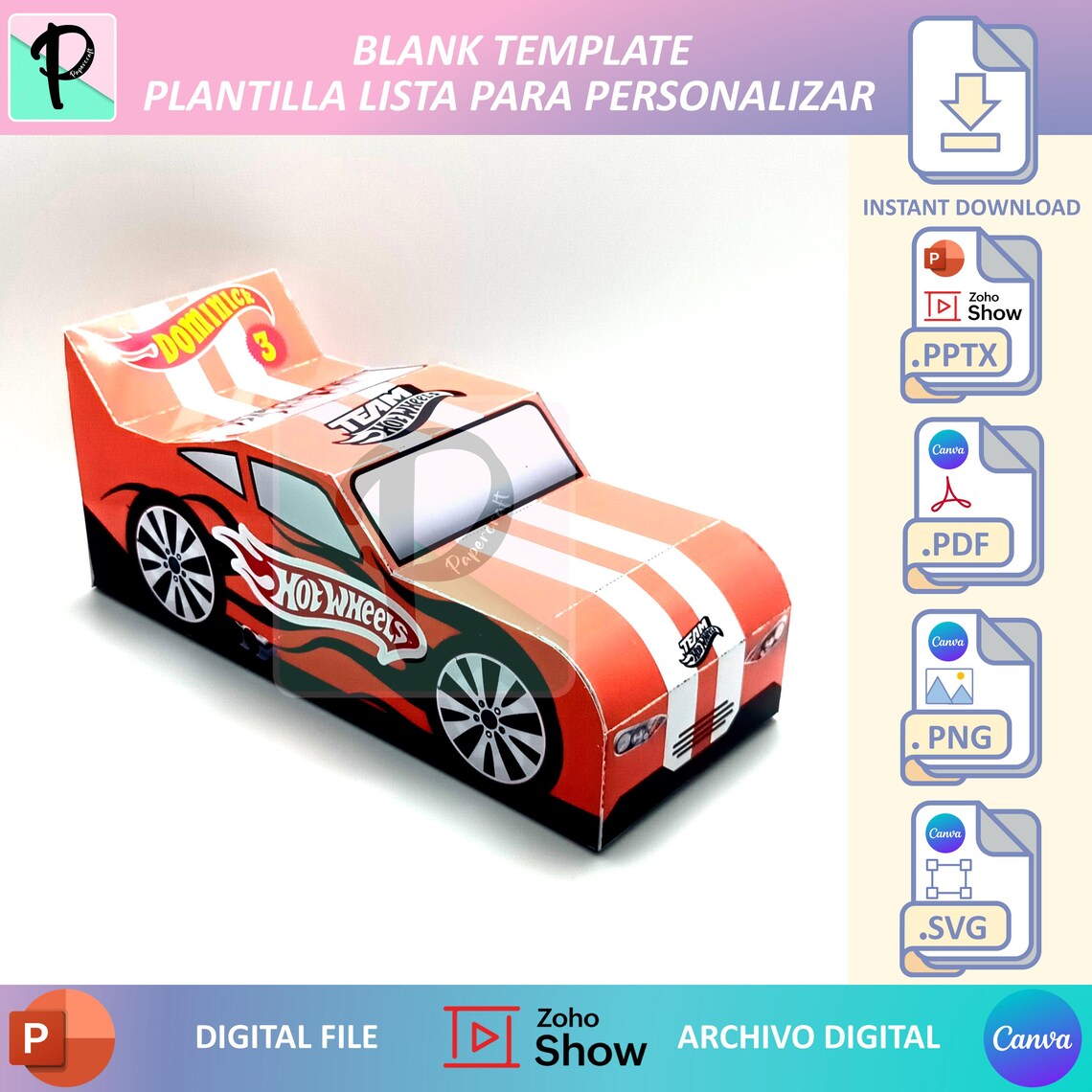 Paper Craft Auto Hot Wheels Color Orange, Favor Box, Editable Text ...