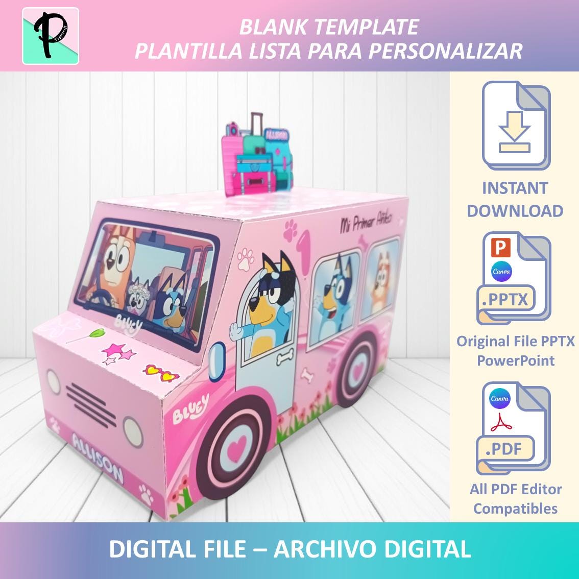 Minibús Bluey rosa, caja de regalo Bluey, Papercraft, kit imprimible ...