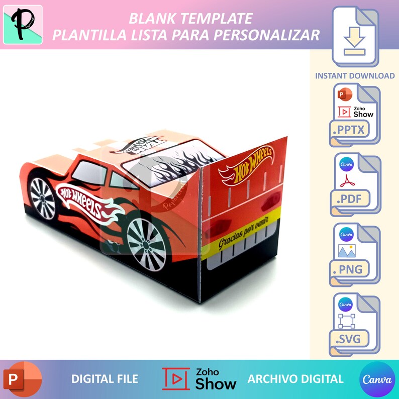 Paper Craft Auto Hot Wheels Color Orange, Favor Box, Editable Text ...