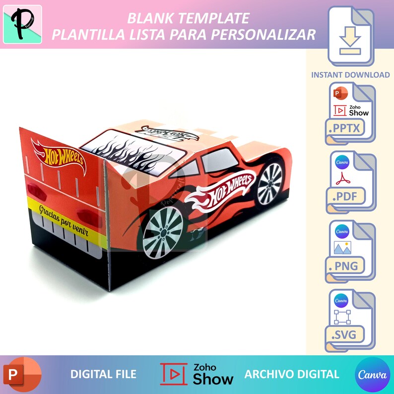 Paper Craft Auto Hot Wheels Color Orange, Favor Box, Editable Text ...