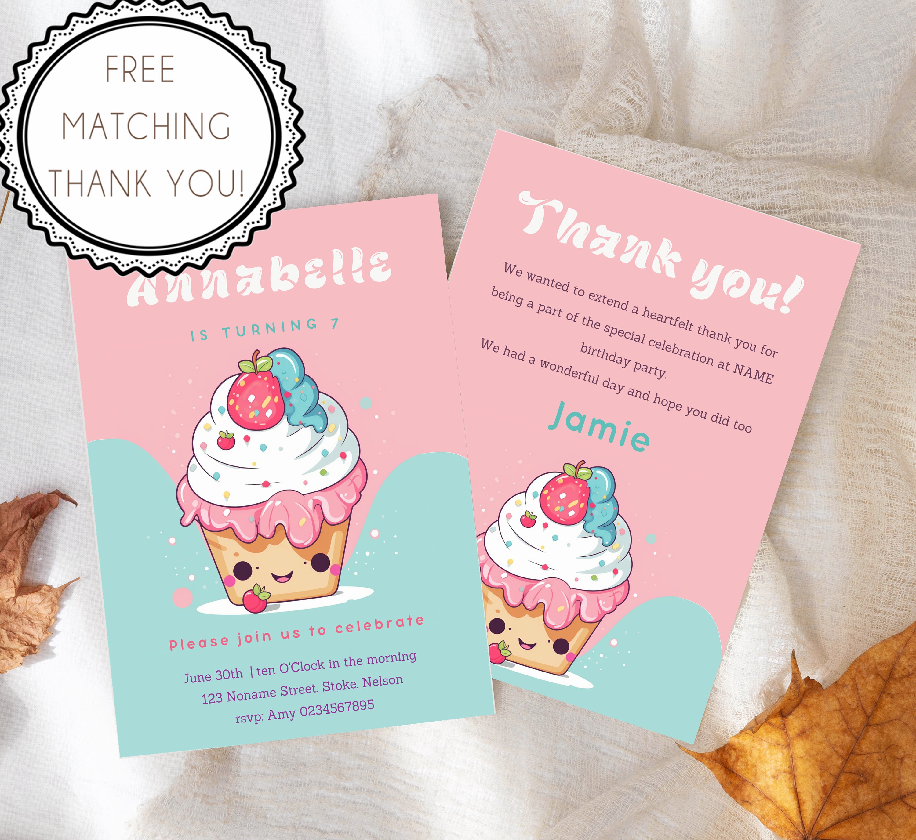 Cute Cupcake Birthday Party Invitation FREE Matching Thank - Etsy