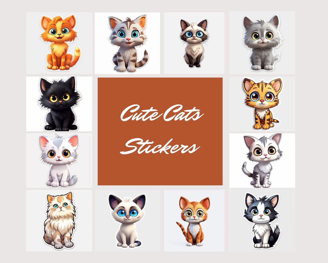 Set of 12 Cute Cats Digital Stickers, Die Cut, Instant Download - Etsy