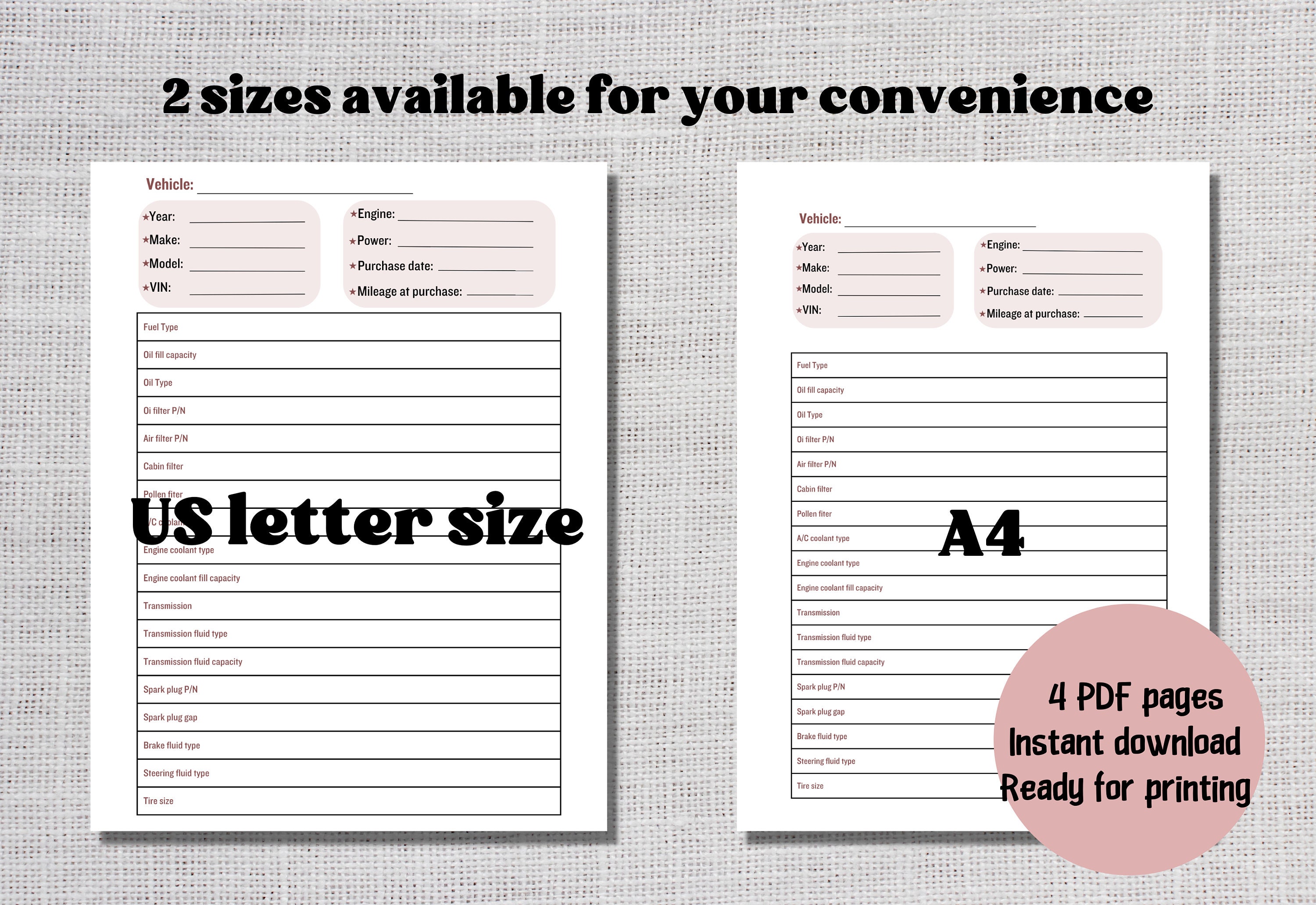 Vehicle Maintenance Log, Vehicle Tracker, Minimalist Inserts, Mileage ...