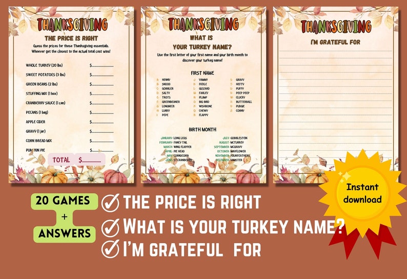 Thanksgiving Game BUNDLE, Thanksgiving Party Games for Adults ...