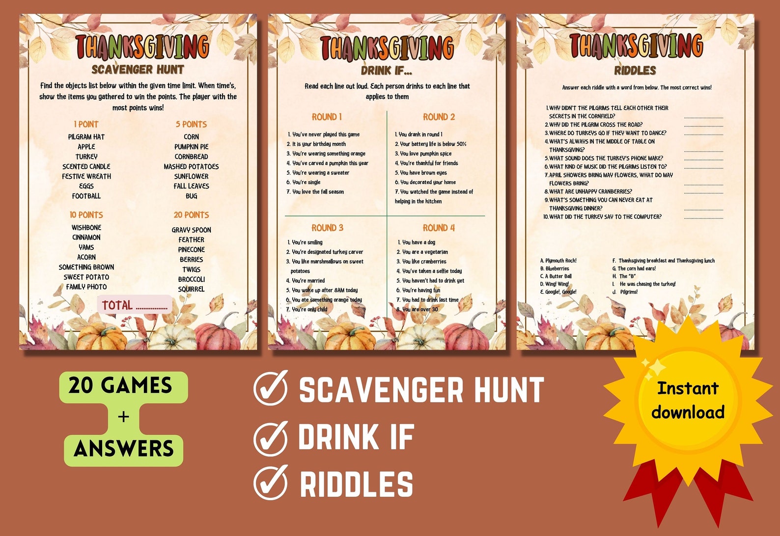 Thanksgiving Game BUNDLE, Thanksgiving Party Games for Adults ...