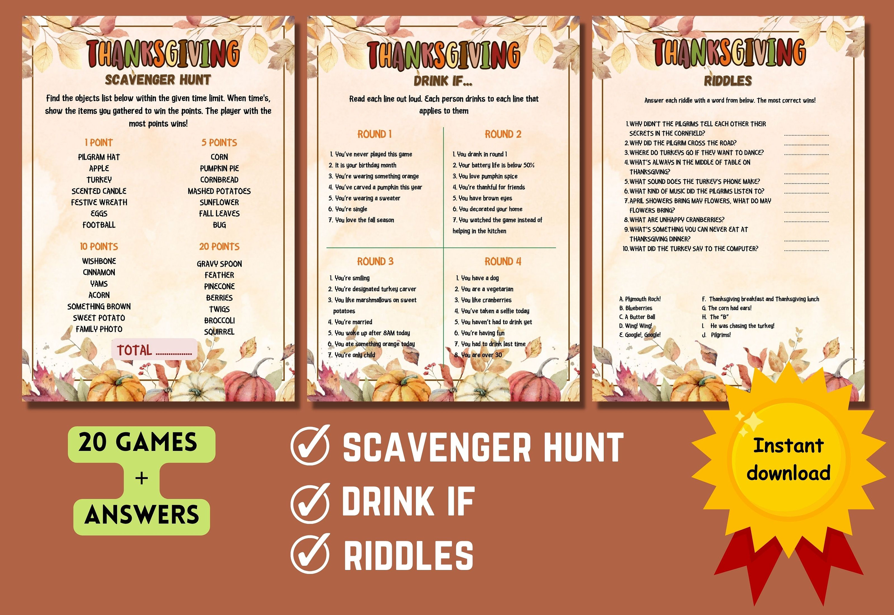 Thanksgiving Game BUNDLE, Thanksgiving Party Games for Adults ...