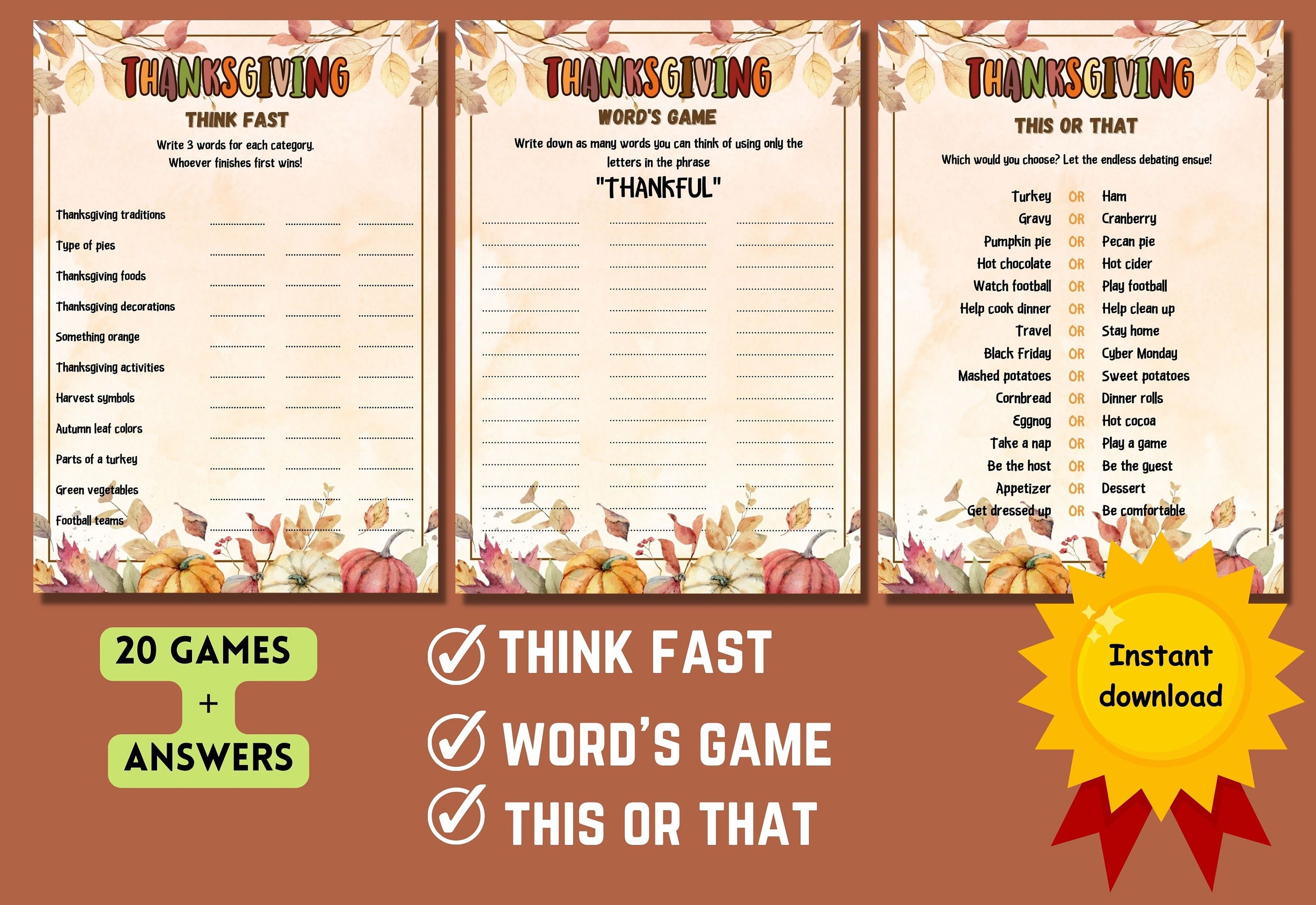 Thanksgiving Game BUNDLE, Thanksgiving Party Games for Adults ...