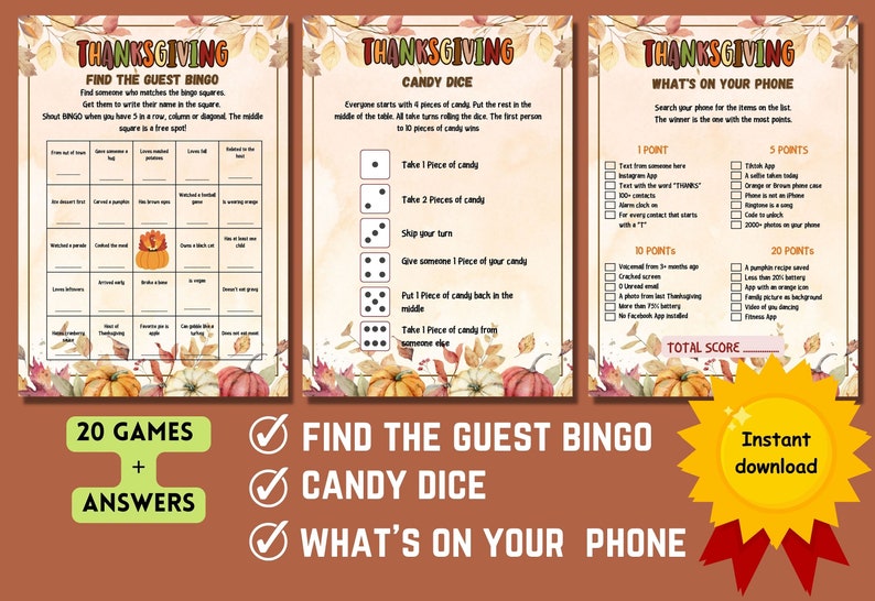 Thanksgiving Game BUNDLE, Thanksgiving Party Games for Adults ...