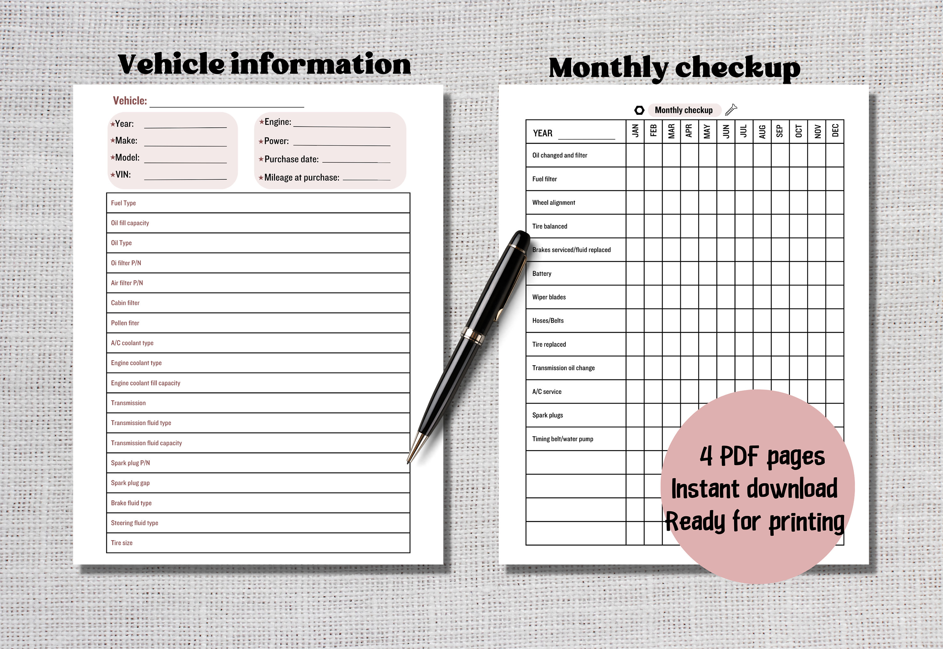Vehicle Maintenance Log, Vehicle Tracker, Minimalist Inserts, Mileage ...
