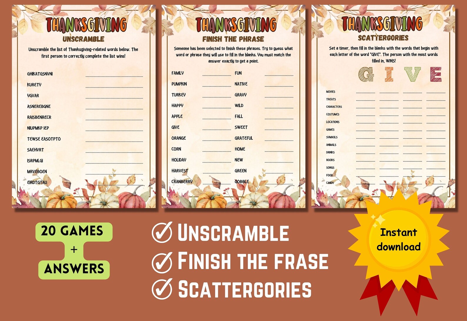 Thanksgiving Game BUNDLE, Thanksgiving Party Games for Adults ...