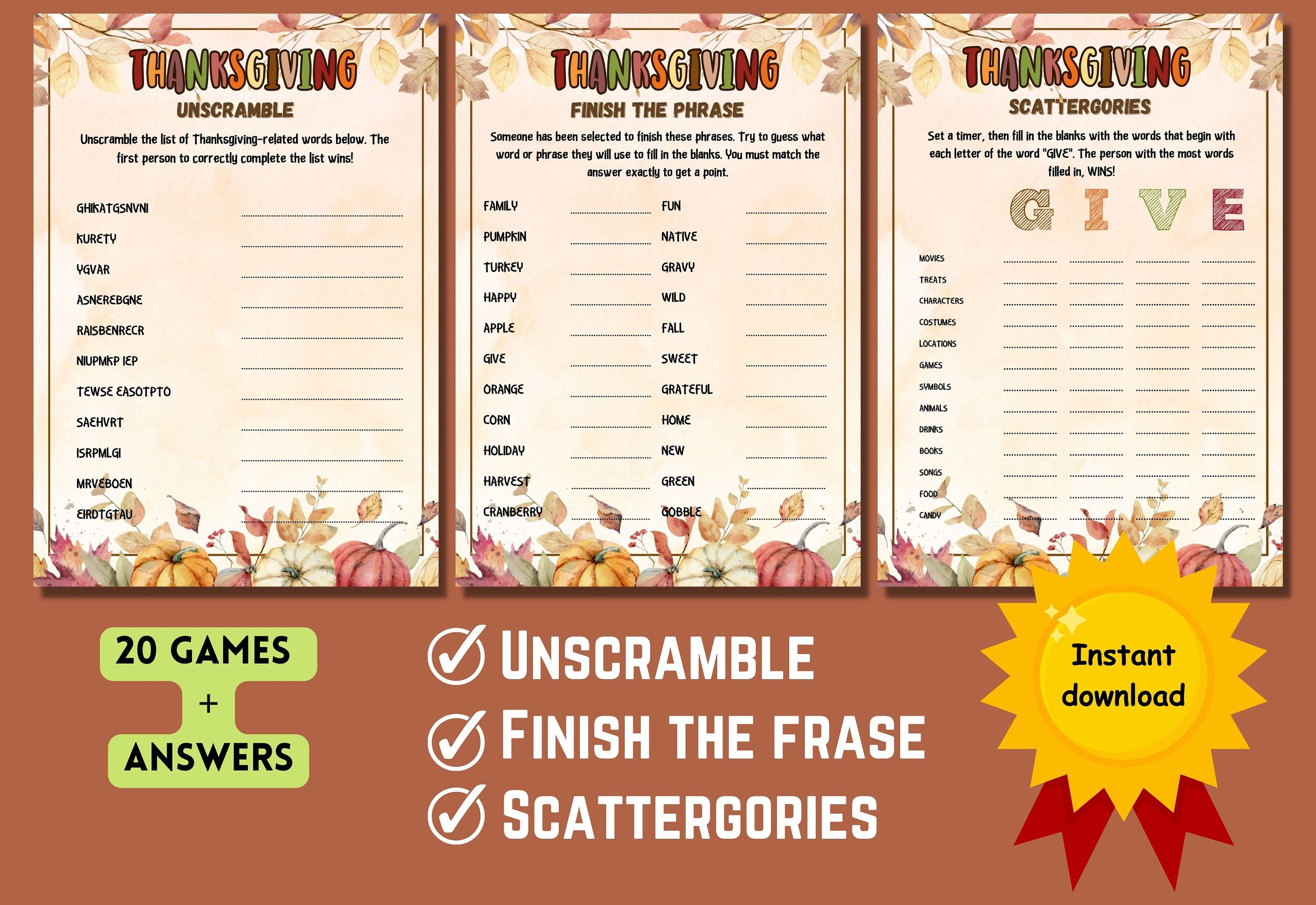 Thanksgiving Game BUNDLE, Thanksgiving Party Games for Adults ...