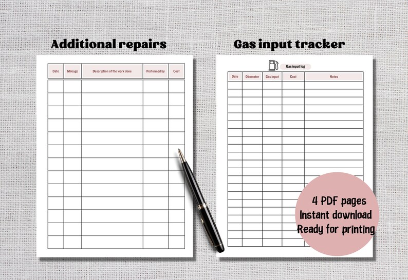 Vehicle Maintenance Log, Vehicle Tracker, Minimalist Inserts, Mileage ...