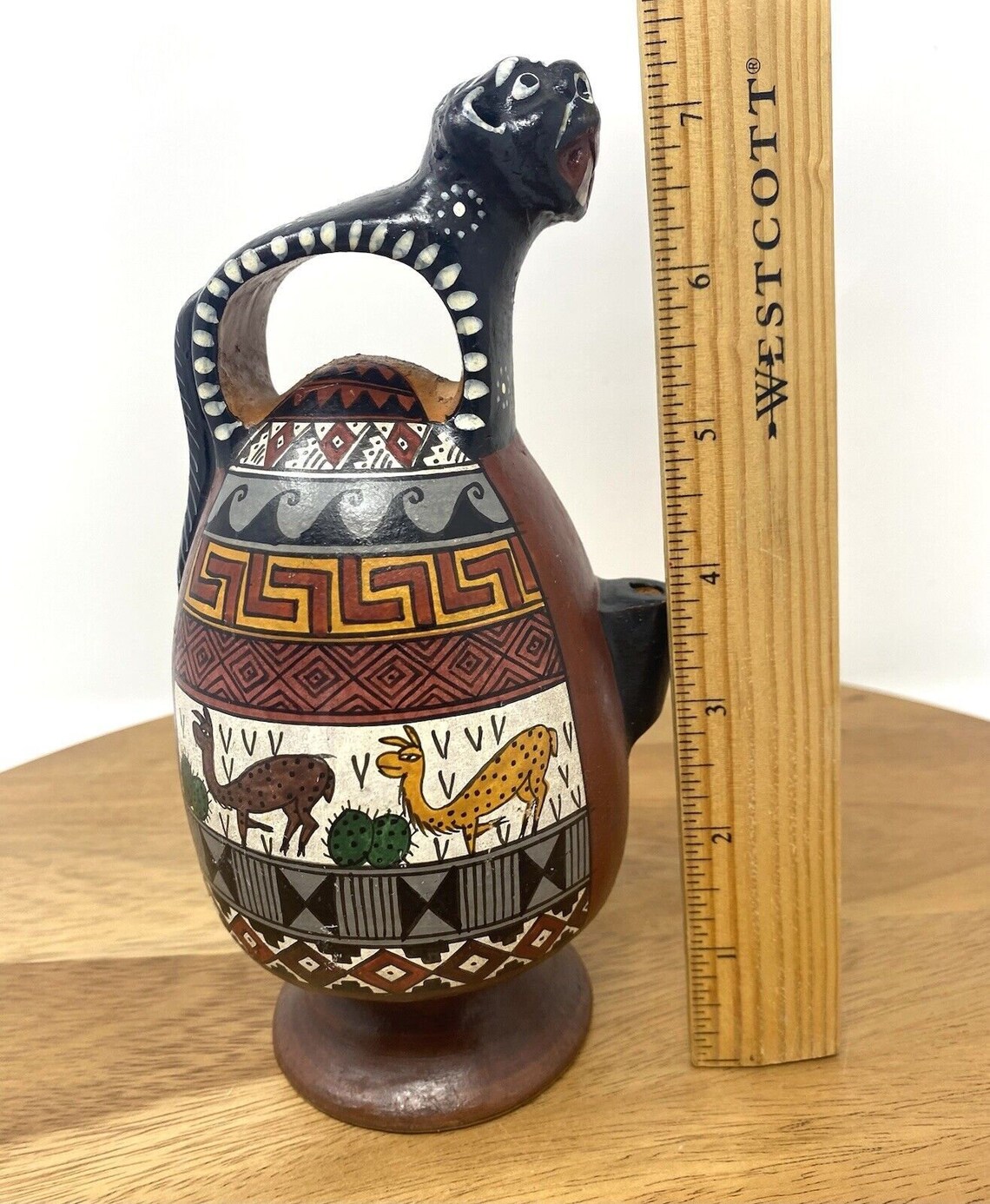 Vintage Cusco Peru Art Pottery Chicha Jug Pitcher Painted Jaguar Llamas ...