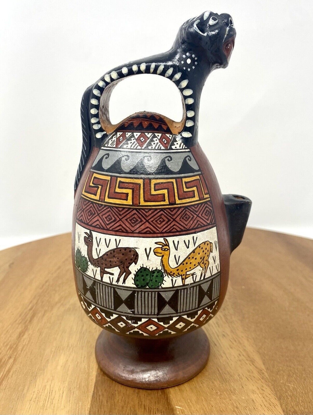 Vintage Cusco Peru Art Pottery Chicha Jug Pitcher Painted Jaguar Llamas ...