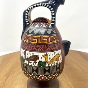Vintage Cusco Peru Art Pottery Chicha Jug Pitcher Painted Jaguar Llamas ...