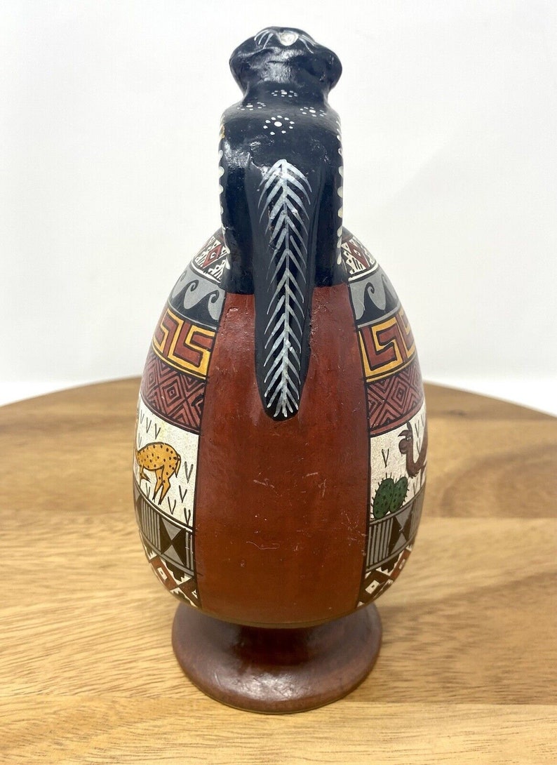 Vintage Cusco Peru Art Pottery Chicha Jug Pitcher Painted Jaguar Llamas ...