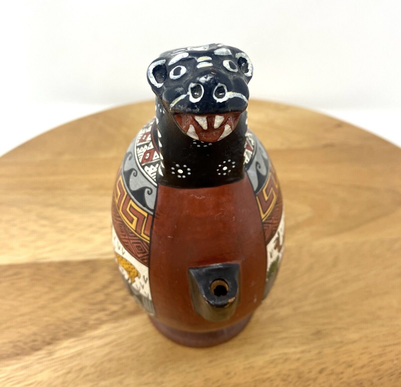 Vintage Cusco Peru Art Pottery Chicha Jug Pitcher Painted Jaguar Llamas ...