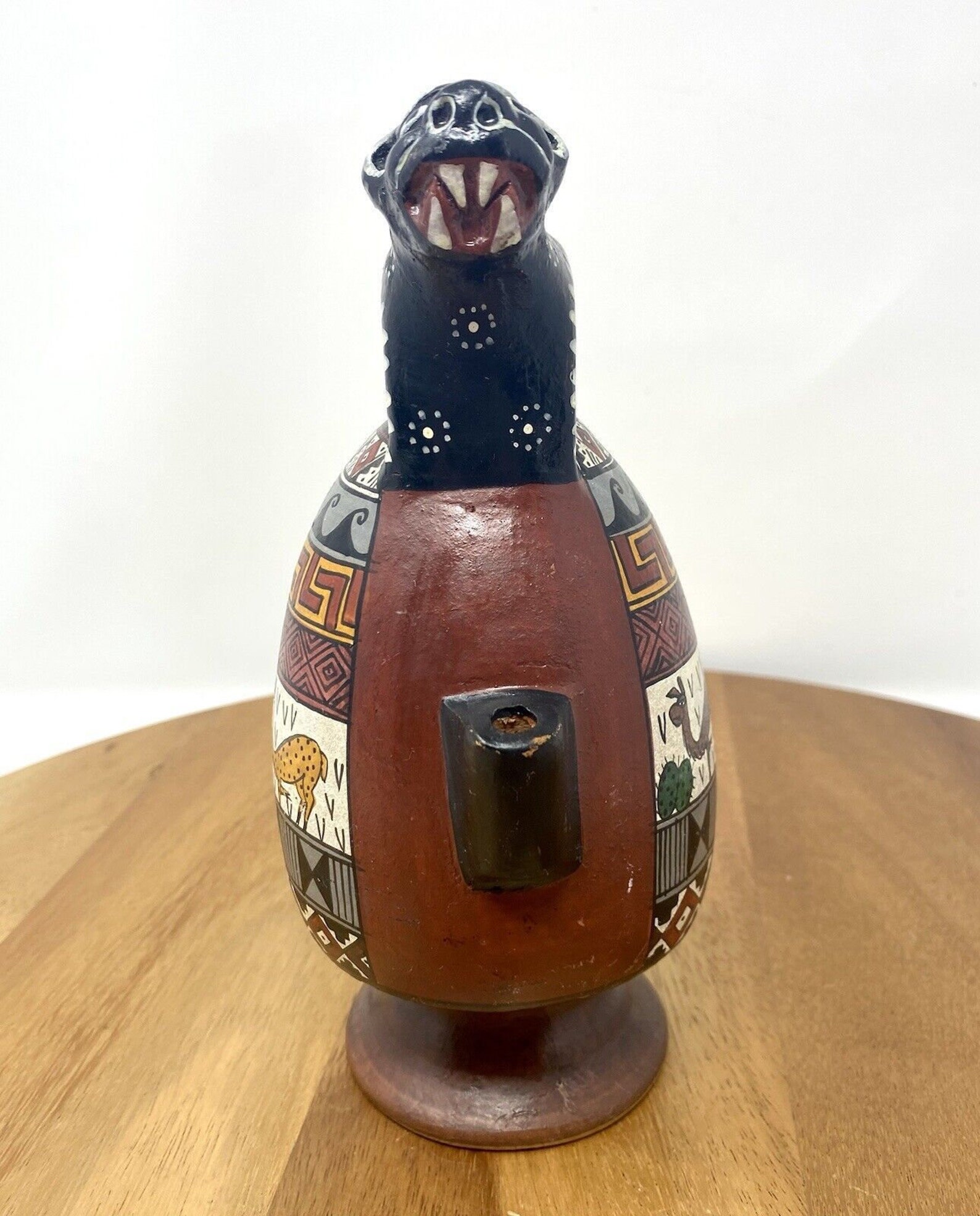 Vintage Cusco Peru Art Pottery Chicha Jug Pitcher Painted Jaguar Llamas ...