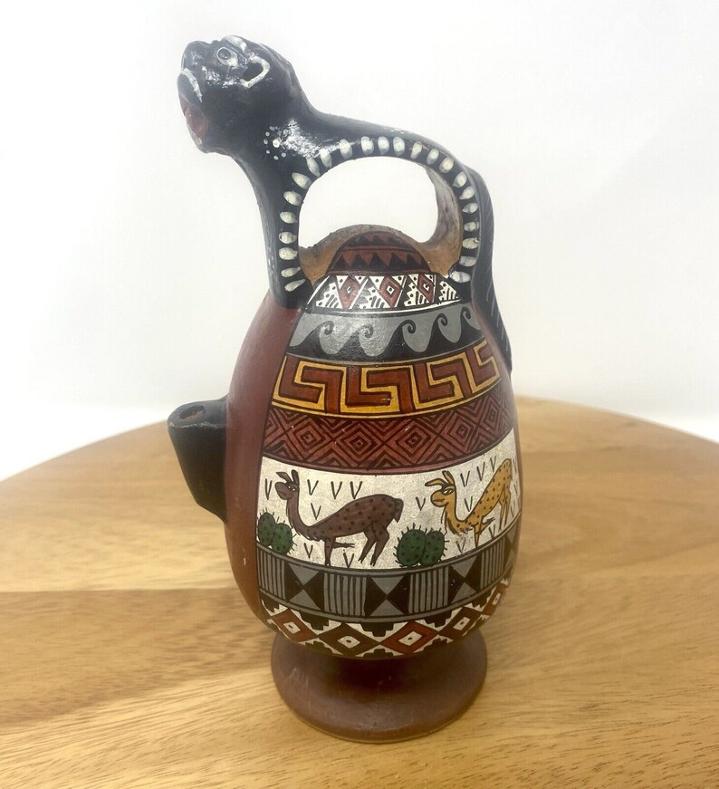 Vintage Cusco Peru Art Pottery Chicha Jug Pitcher Painted Jaguar Llamas ...
