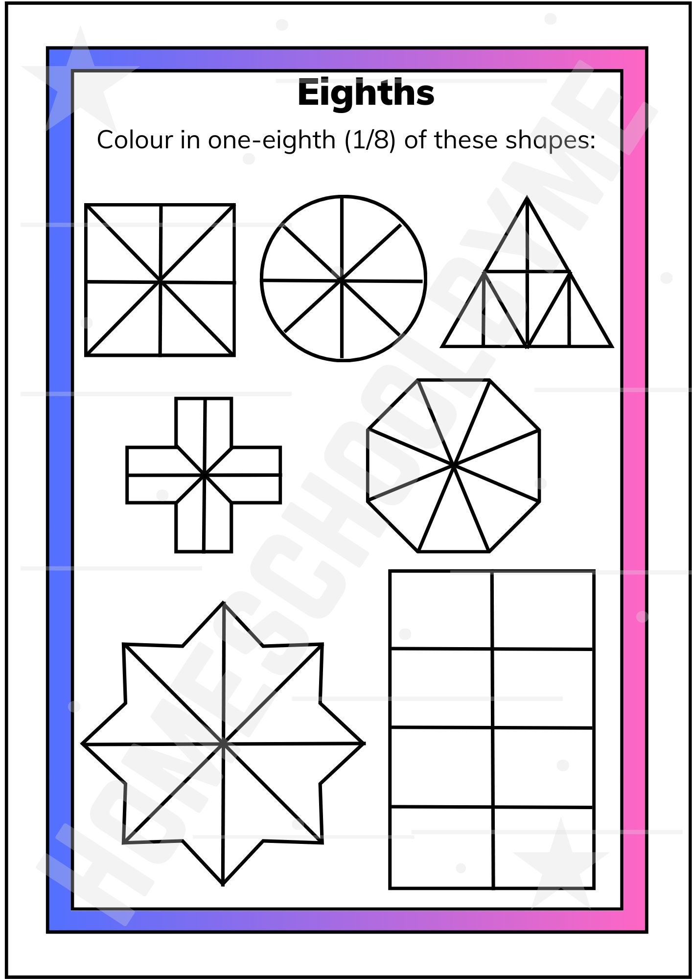 Fractions to Colour In: 1/2, 1/4 and 1/8 Year 1 and 2 Maths Worksheets ...