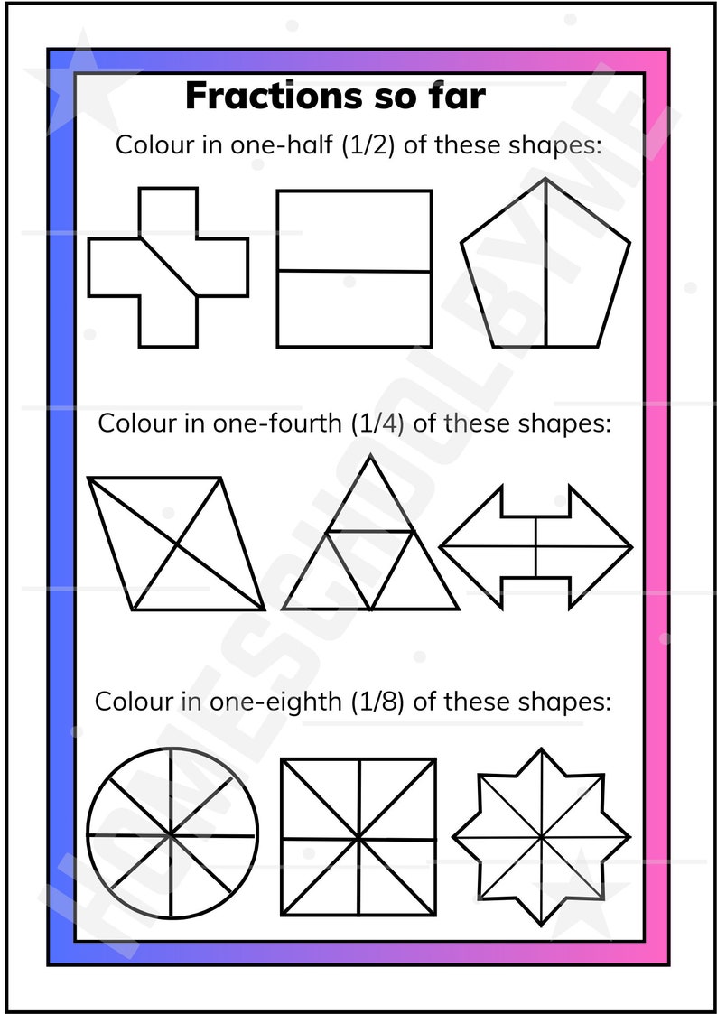Fractions to Colour In: 1/2, 1/4 and 1/8 | Year 1 and 2 Maths ...