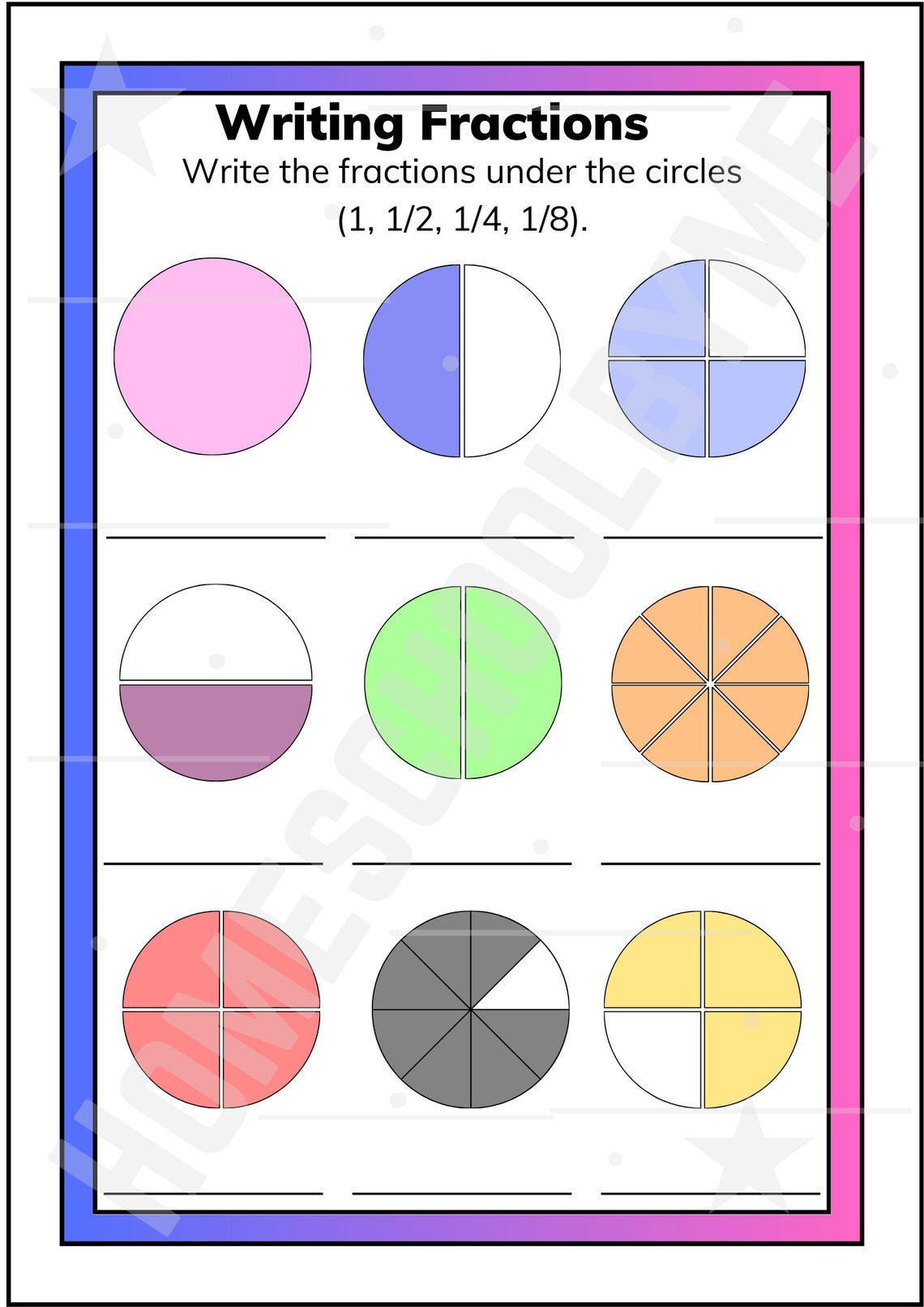 Fractions to Colour In: 1/2, 1/4 and 1/8 Year 1 and 2 Maths Worksheets ...