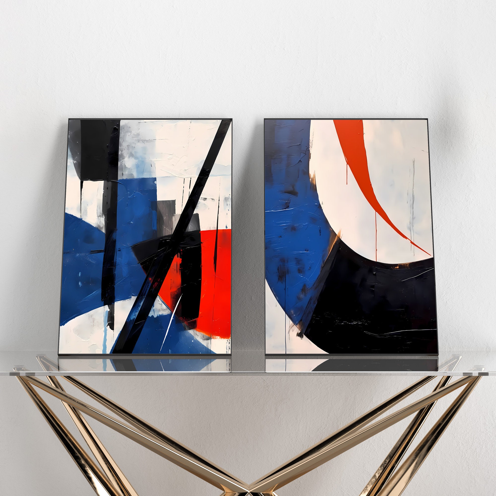 Set of 2 Art Pieces, Modern Navy Blue and Red Abstract Wall Art ...