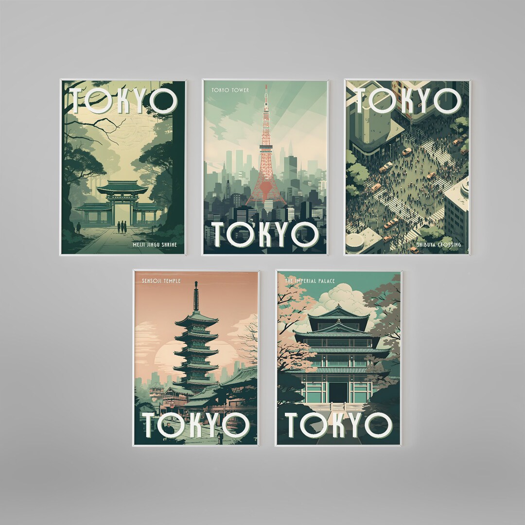 Set of 5 Digital Wall Art, Japan, Tokyo, City, Tokyo Tower, Shibuya ...