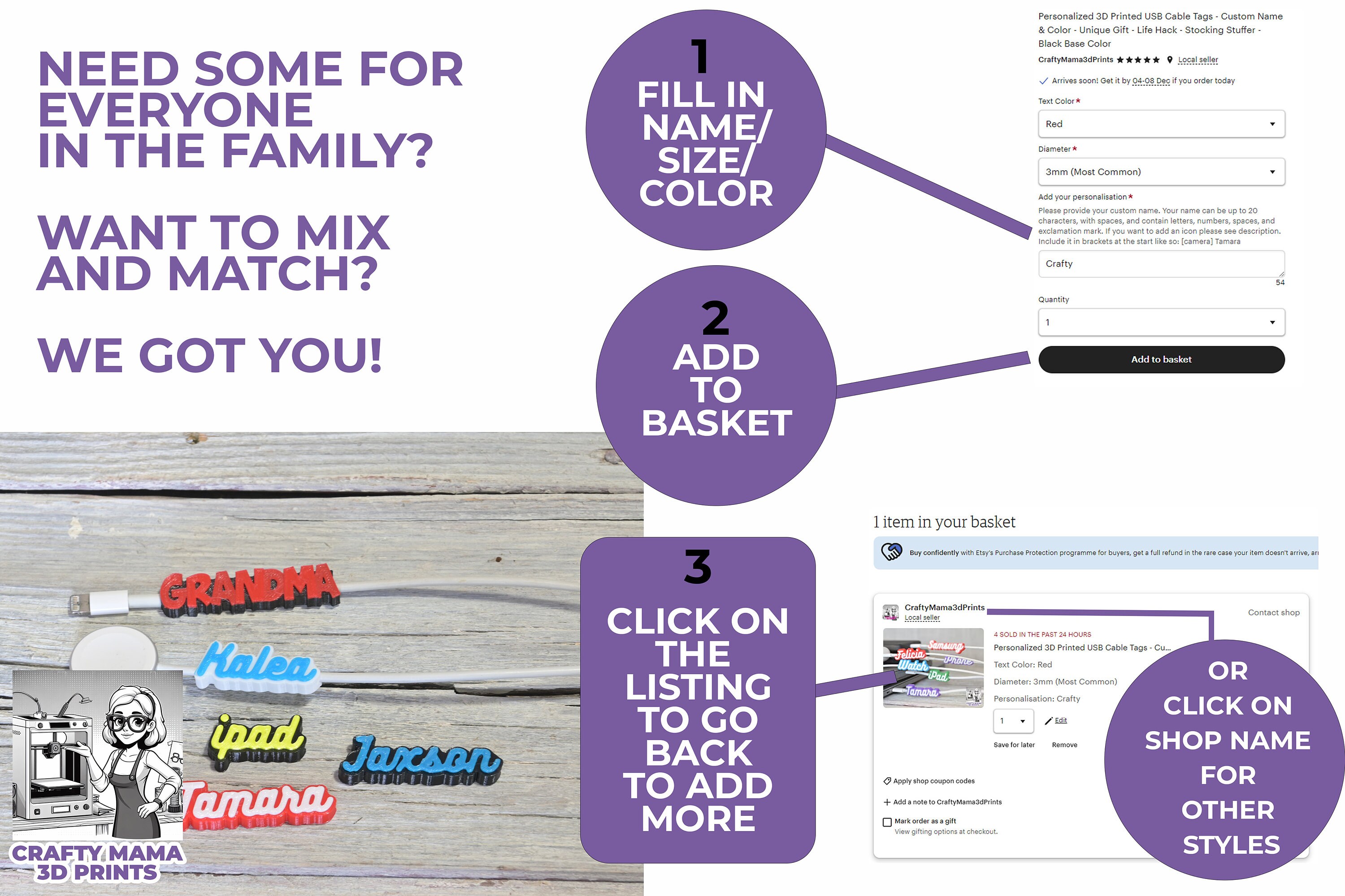 Personalized 3D Printed USB Cable Tags Custom Name & Color Unique Gift ...