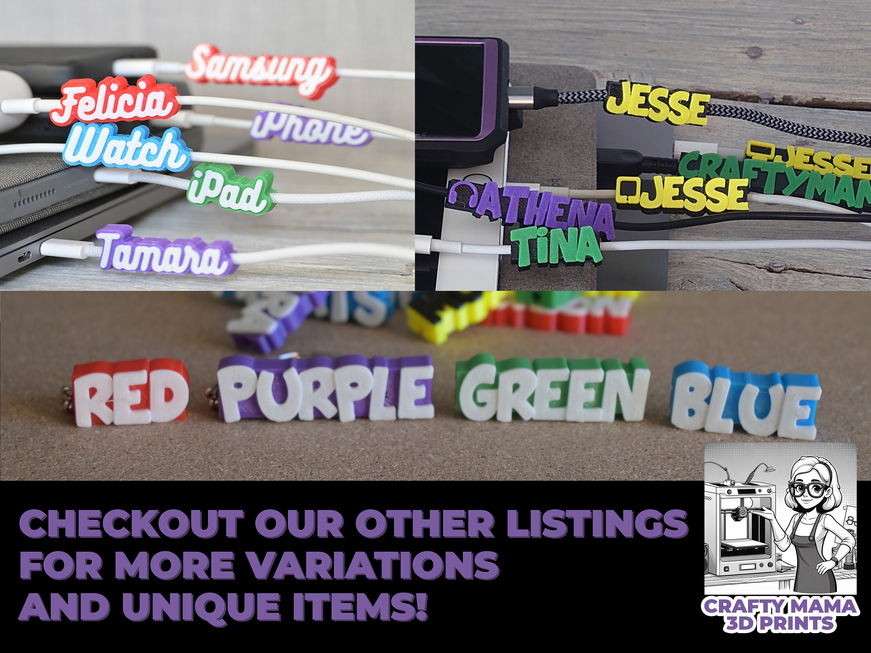 Personalized 3D Printed USB Cable Tags Custom Name & Color Unique Gift ...