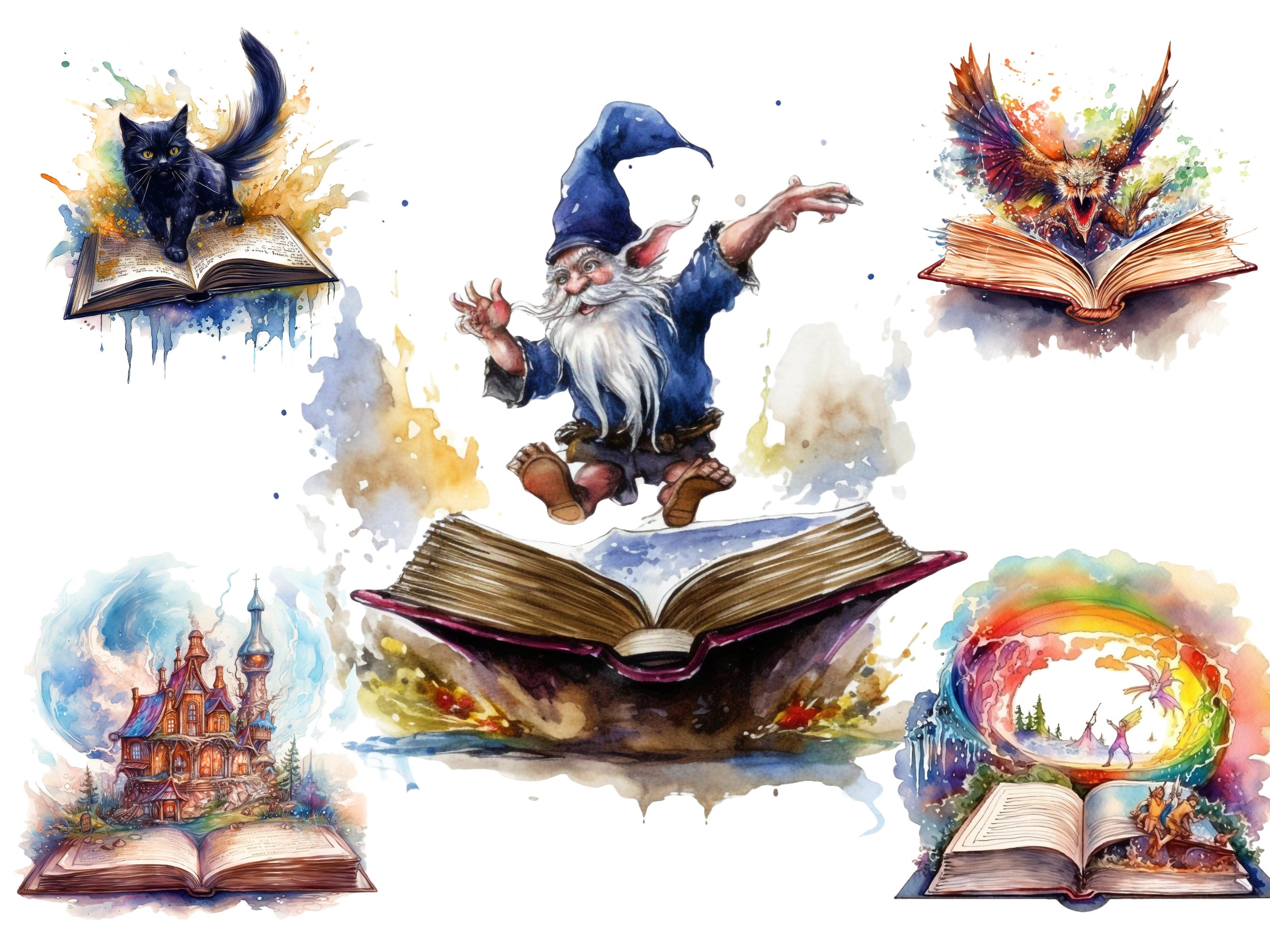 Magic Book Clipart Bundle Open Book Clip Art Wizard Watercolor - Etsy