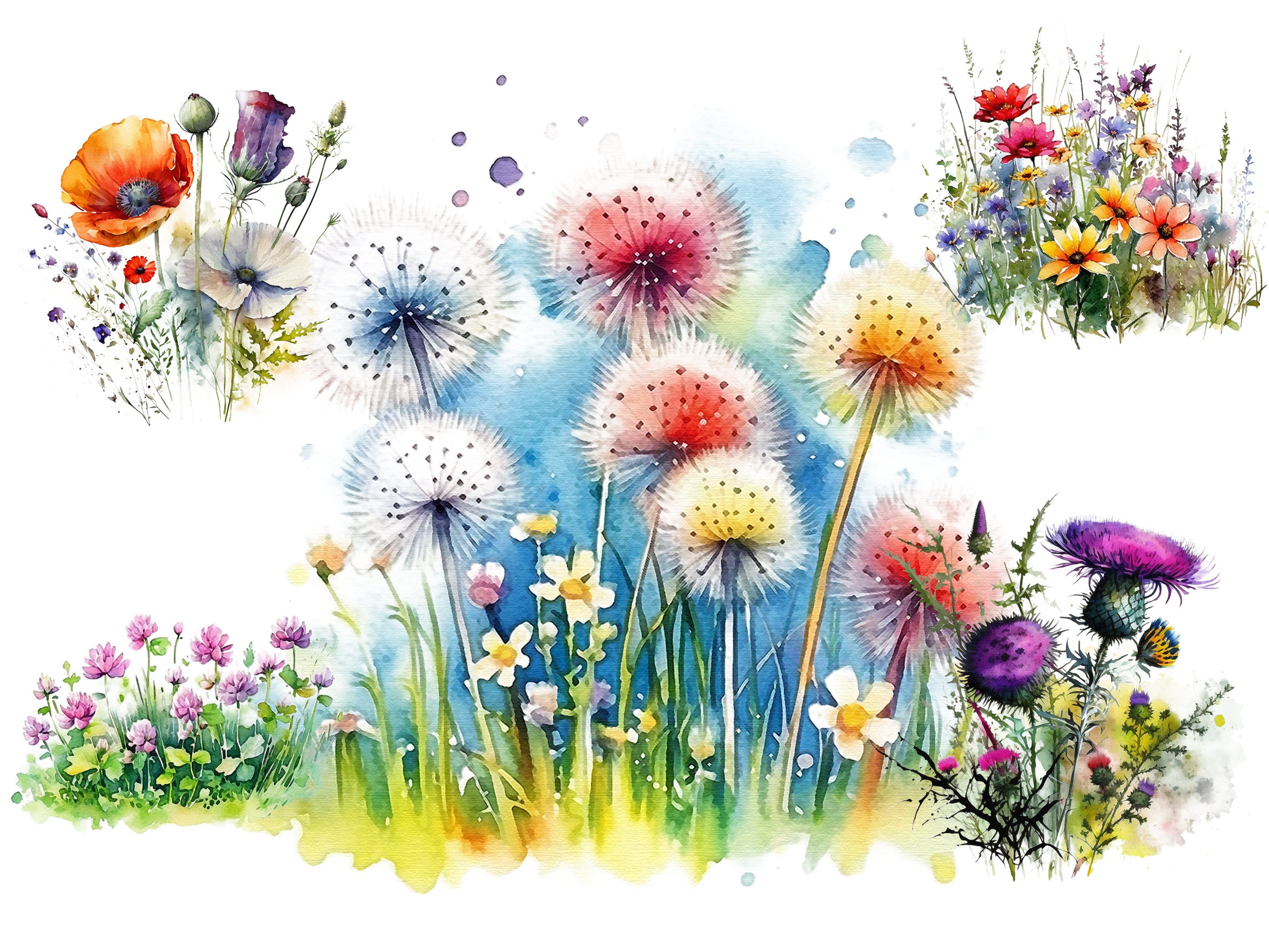 Watercolor Meadow Flowers Clipart PNG Spring Wildflower Floral - Etsy