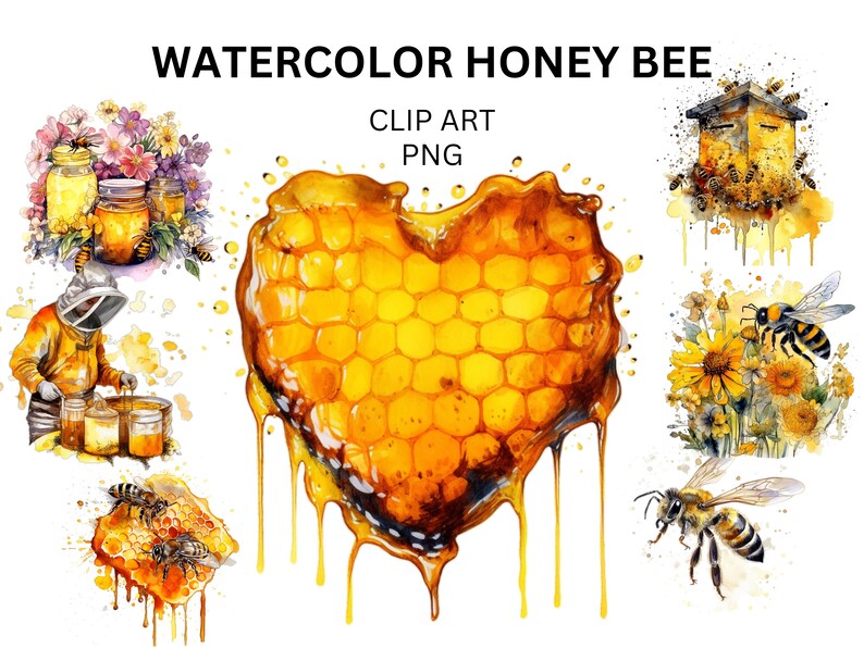 Watercolor Honey Bee Clipart Spring Garden Bee Honey Drips Clip Art PNG ...