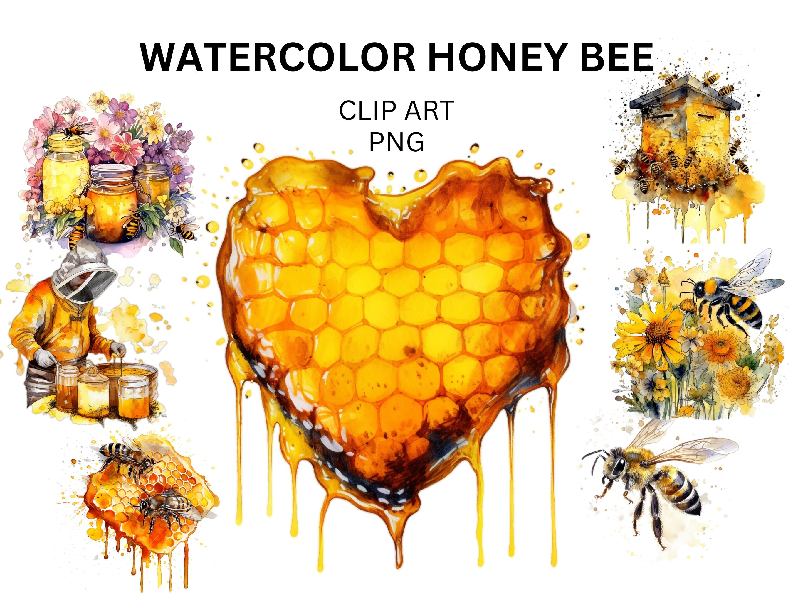 Watercolor Honey Bee Clipart Spring Garden Bee Honey Drips Clip Art PNG ...