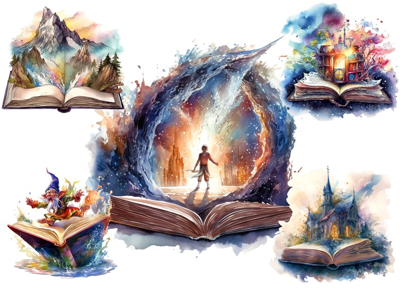 Magic Book Clipart Bundle Open Book Clip Art Wizard Watercolor - Etsy