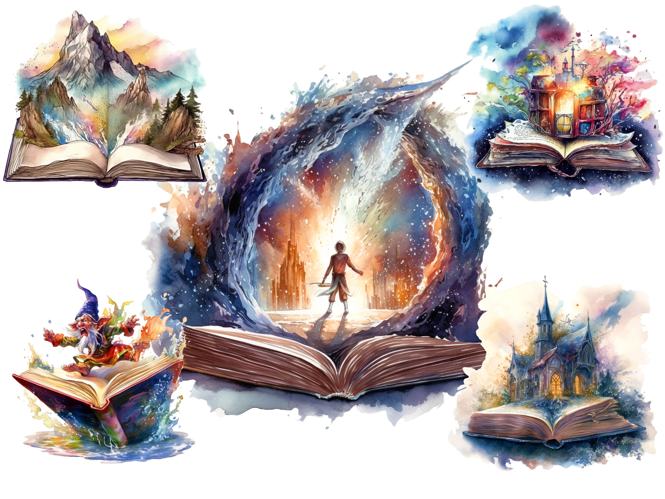 Magic Book Clipart Bundle Open Book Clip Art Wizard Watercolor - Etsy