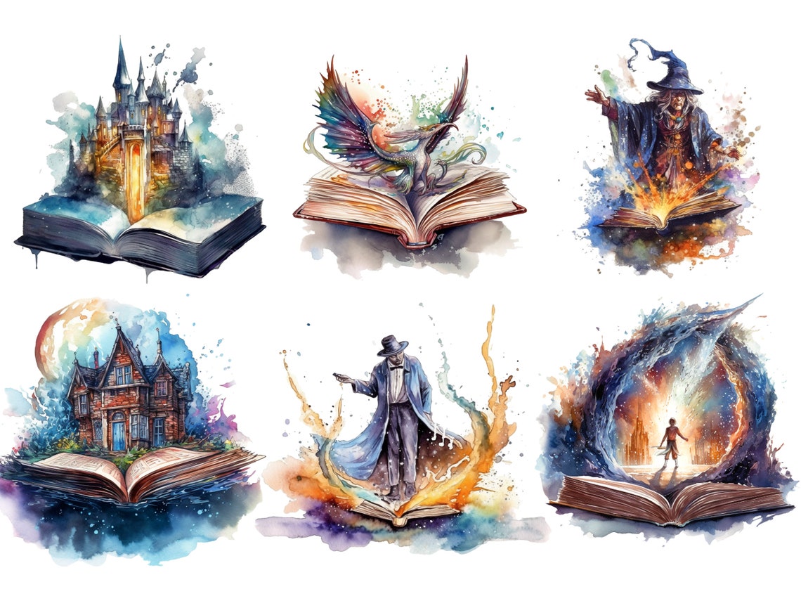 Magic Book Clipart Bundle Open Book Clip Art Wizard Watercolor - Etsy