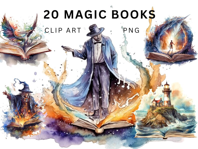 Magic Book Clipart Bundle Open Book Clip Art Wizard Watercolor - Etsy