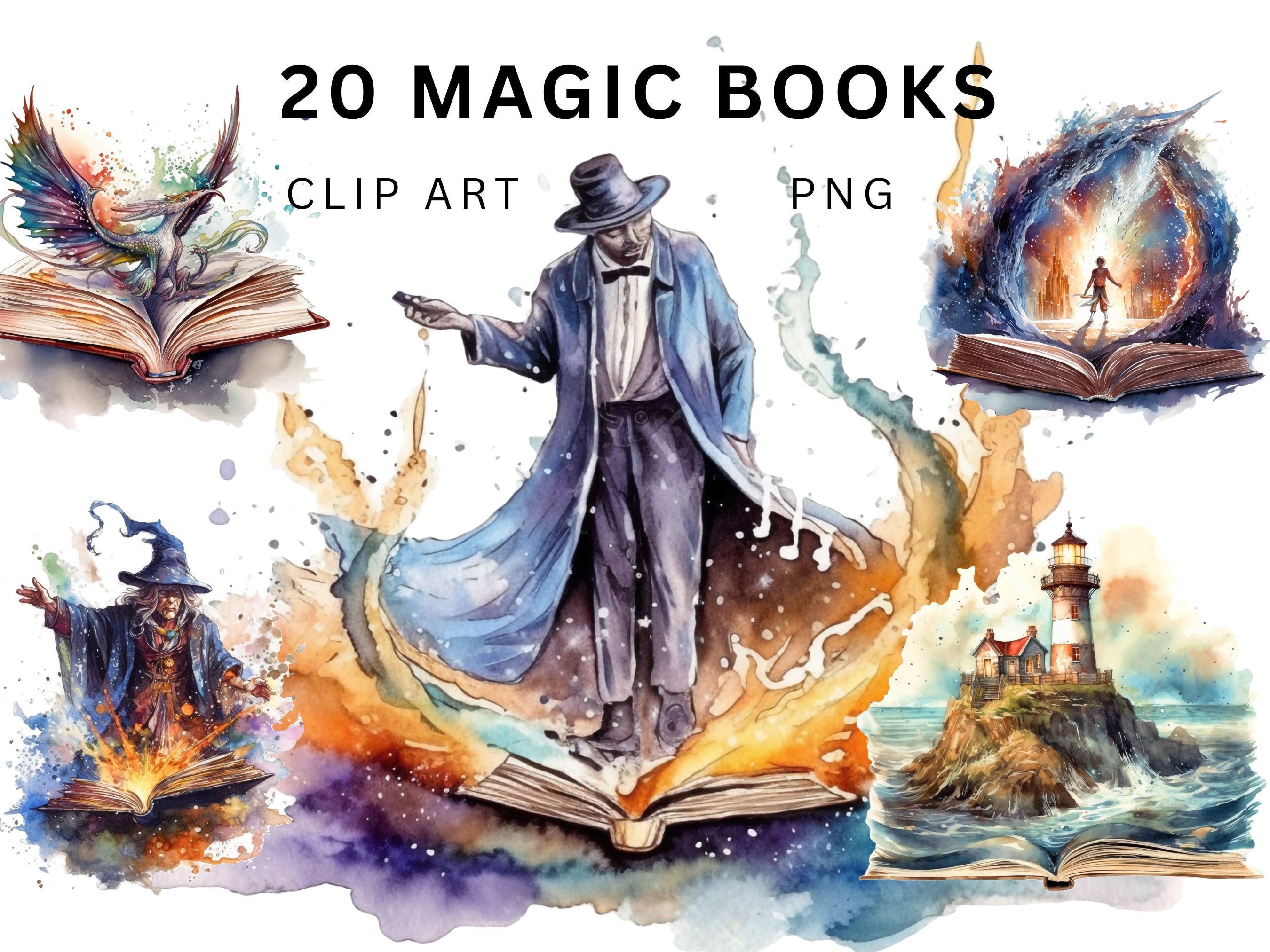 Magic Book Clipart Bundle Open Book Clip Art Wizard Watercolor - Etsy