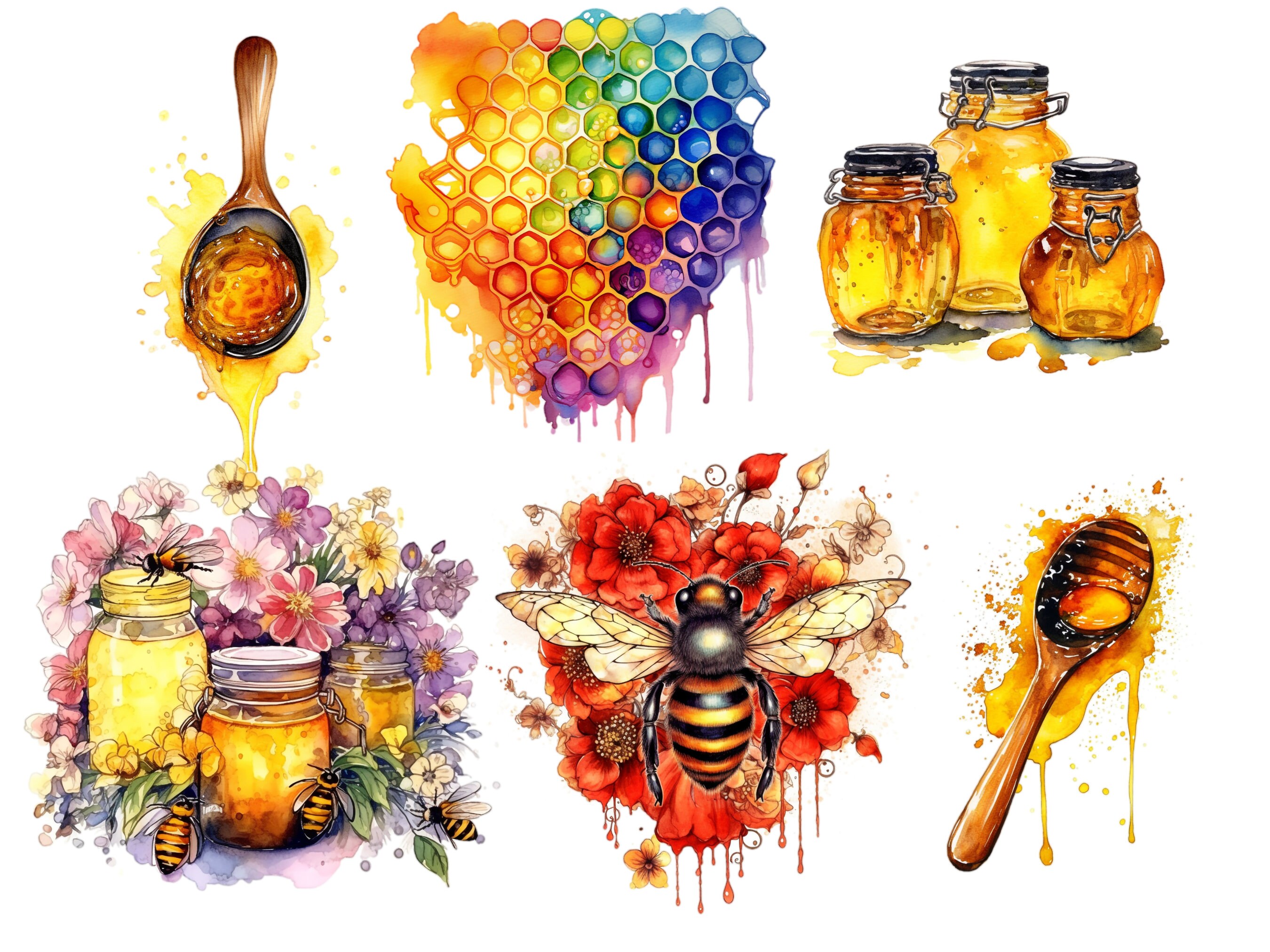 Watercolor Honey Bee Clipart Spring Garden Bee Honey Drips Clip Art PNG ...