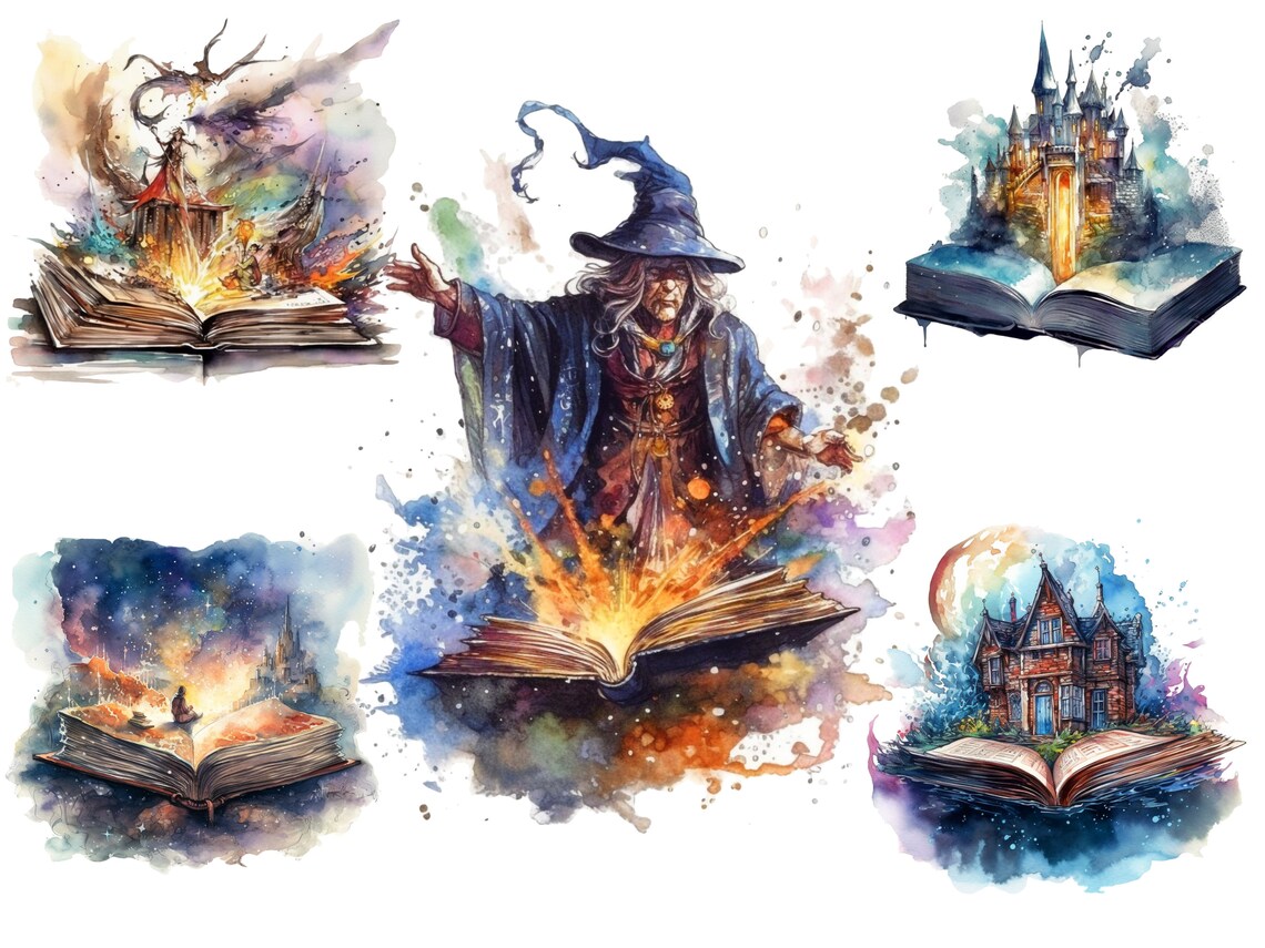 Magic Book Clipart Bundle Open Book Clip Art Wizard Watercolor - Etsy