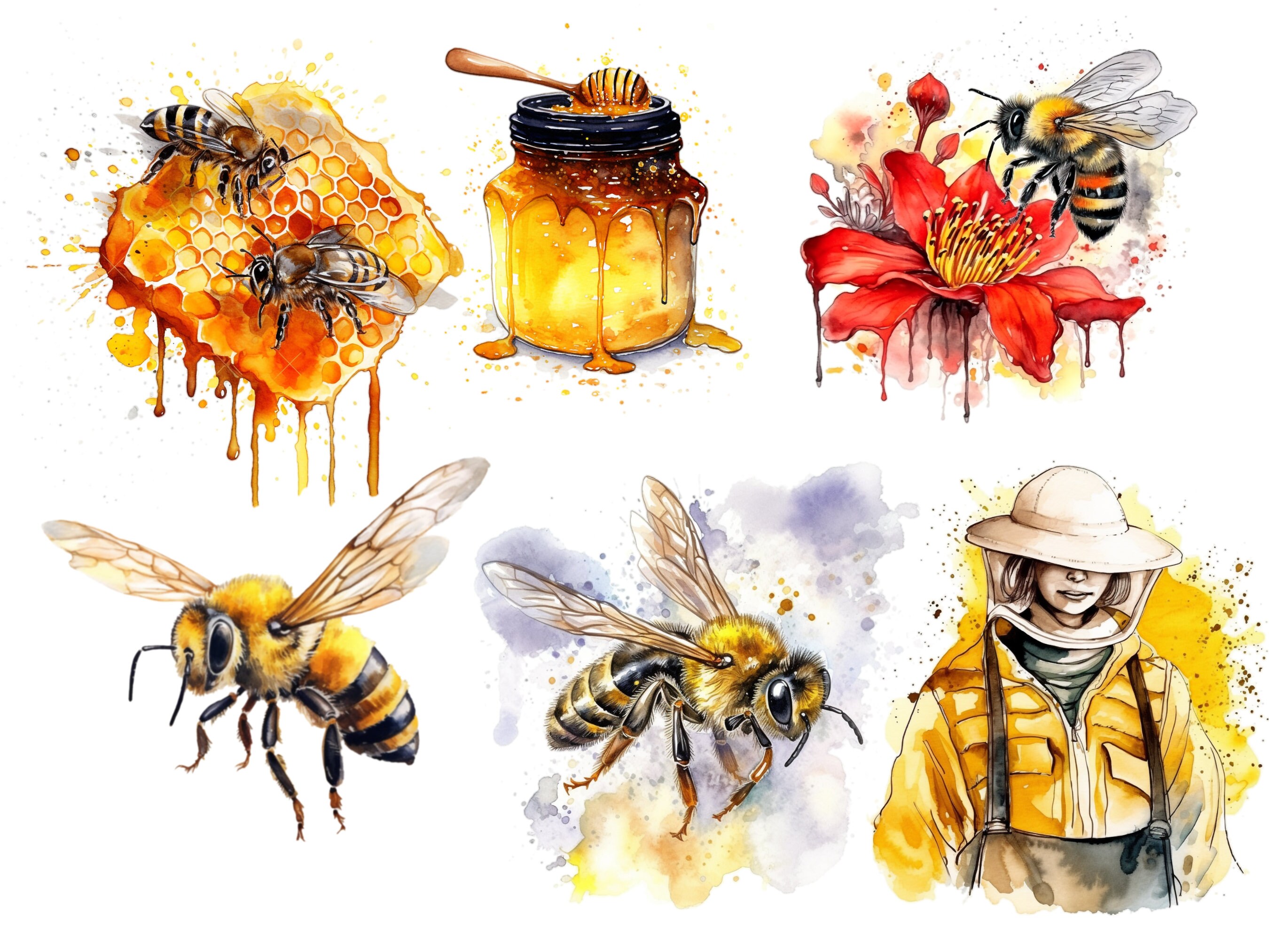 Watercolor Honey Bee Clipart Spring Garden Bee Honey Drips Clip Art PNG ...