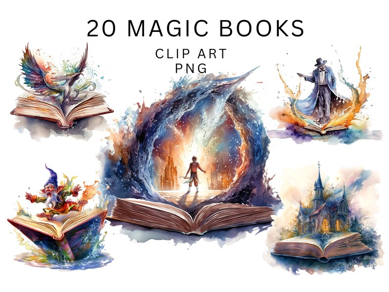 Magic Book Clipart Bundle Open Book Clip Art Wizard Watercolor - Etsy