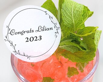 50 Personalized Edible Cocktail Toppers Branch Wreath Custom Wafer ...